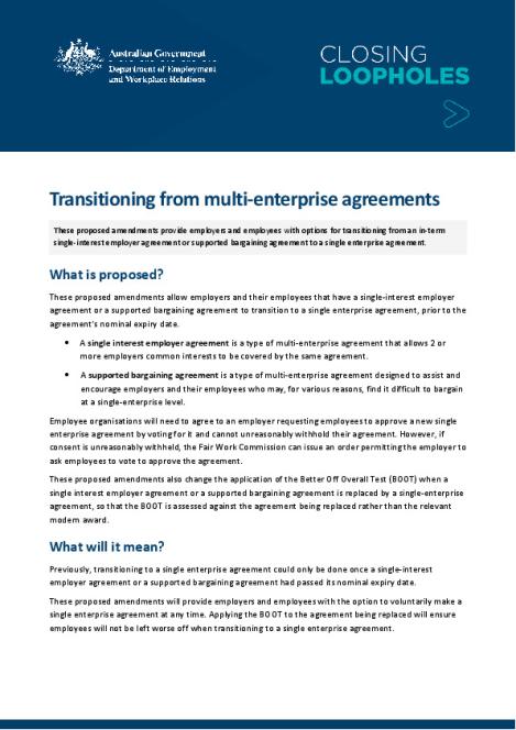 Transitioning from multi-enterprise agreements - Department of Employment and Workplace ...